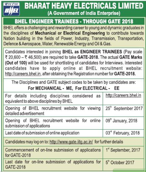 BHEL Recruitment Through GATE 2018: Online Form, Date, Cut Off